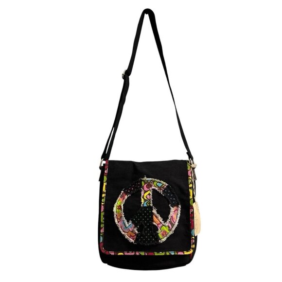 UNIONBAY | Bags | Union Bay Messenger Bag Black Patchwork Peace Sign ...